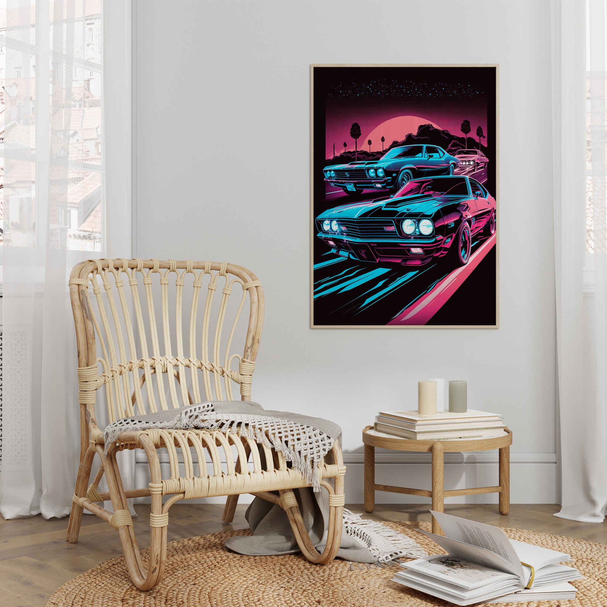 Fast Muscle Cars Synthwave Wall Art 80s Midnight Race Poster Retro Auto ...