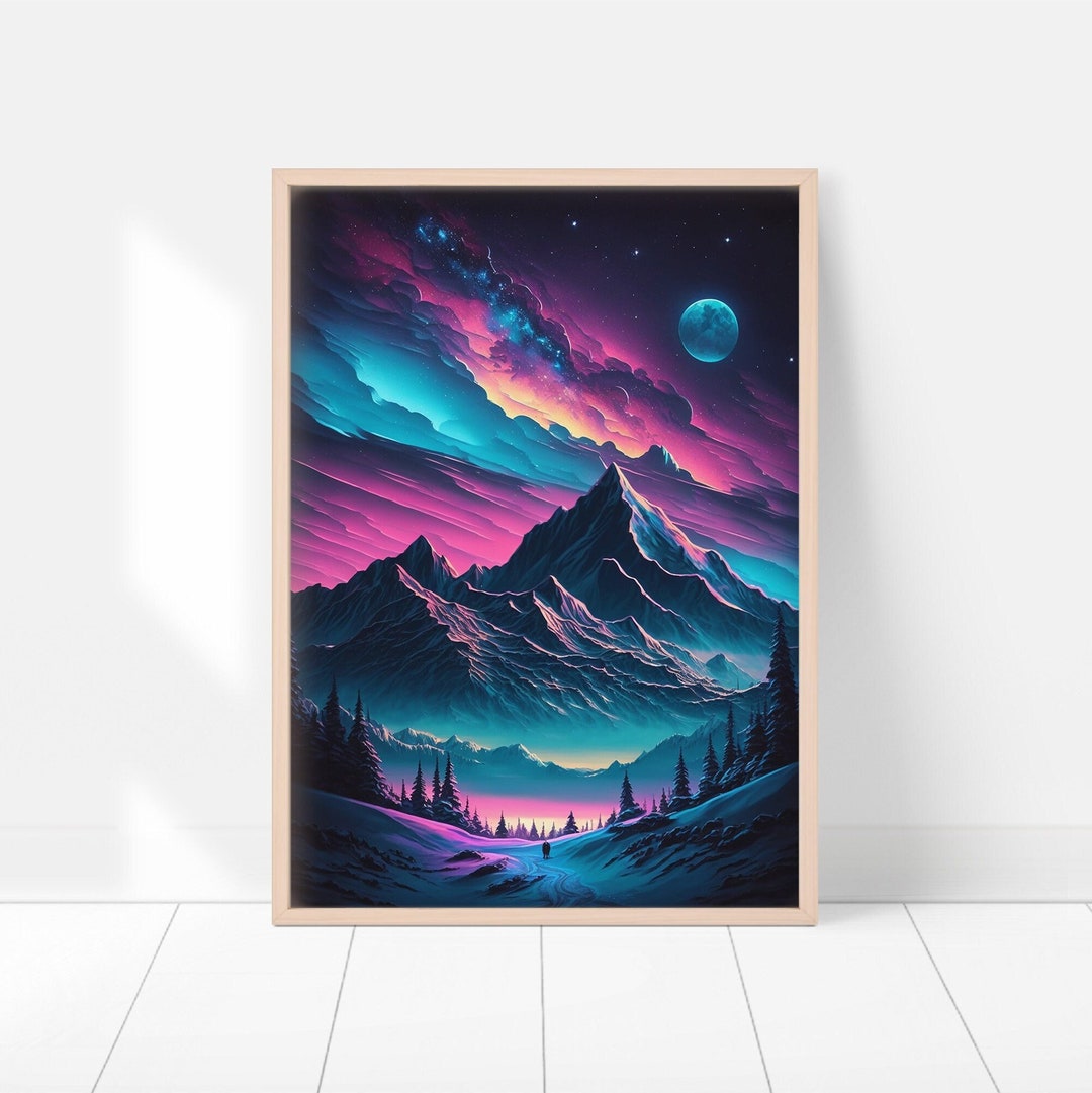 Galactic Mountains Synthwave Wall Art 80s Starry Sky Poster Retro ...