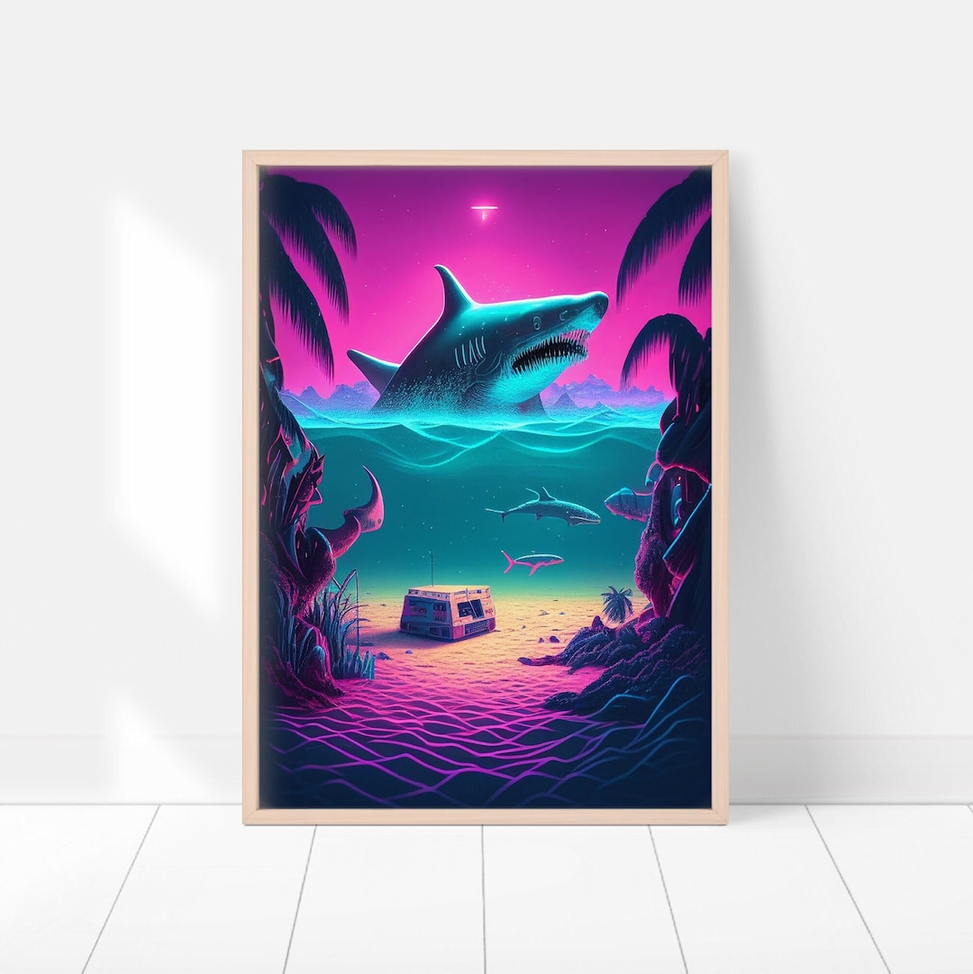 Shark Retro Wall Art, Ocean Print, 90s Print, 80s Art, Retro Fish Print ...