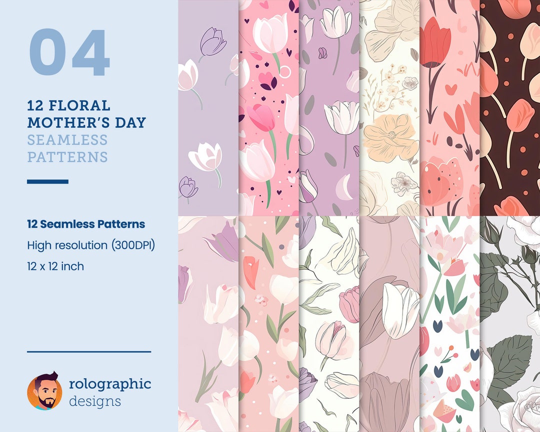 12 Floral Mother's Day Seamless Patterns 04 Mothers Day Digital Paper ...