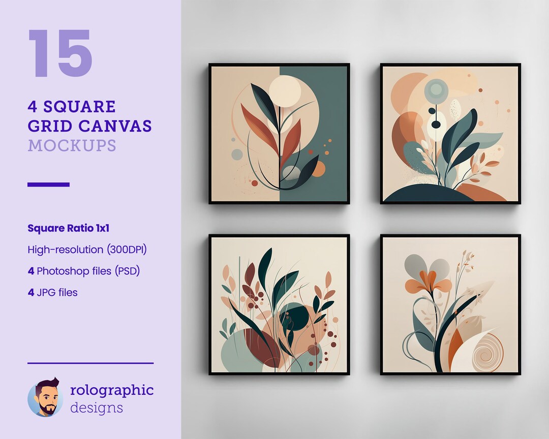4 Professional Square Grid Canvas 1x1 Mockups #15 - Realistic Templates ...