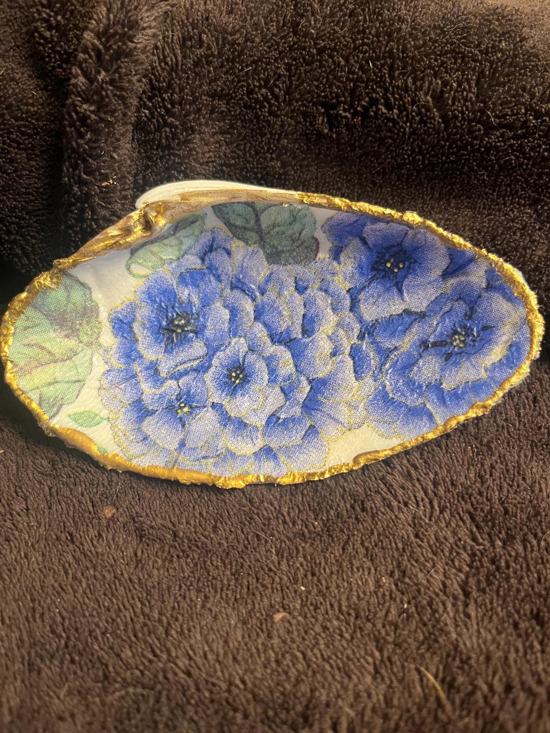 Coastal Seashell Decoupage With Blue Floral and Gold Trim. Can Be ...