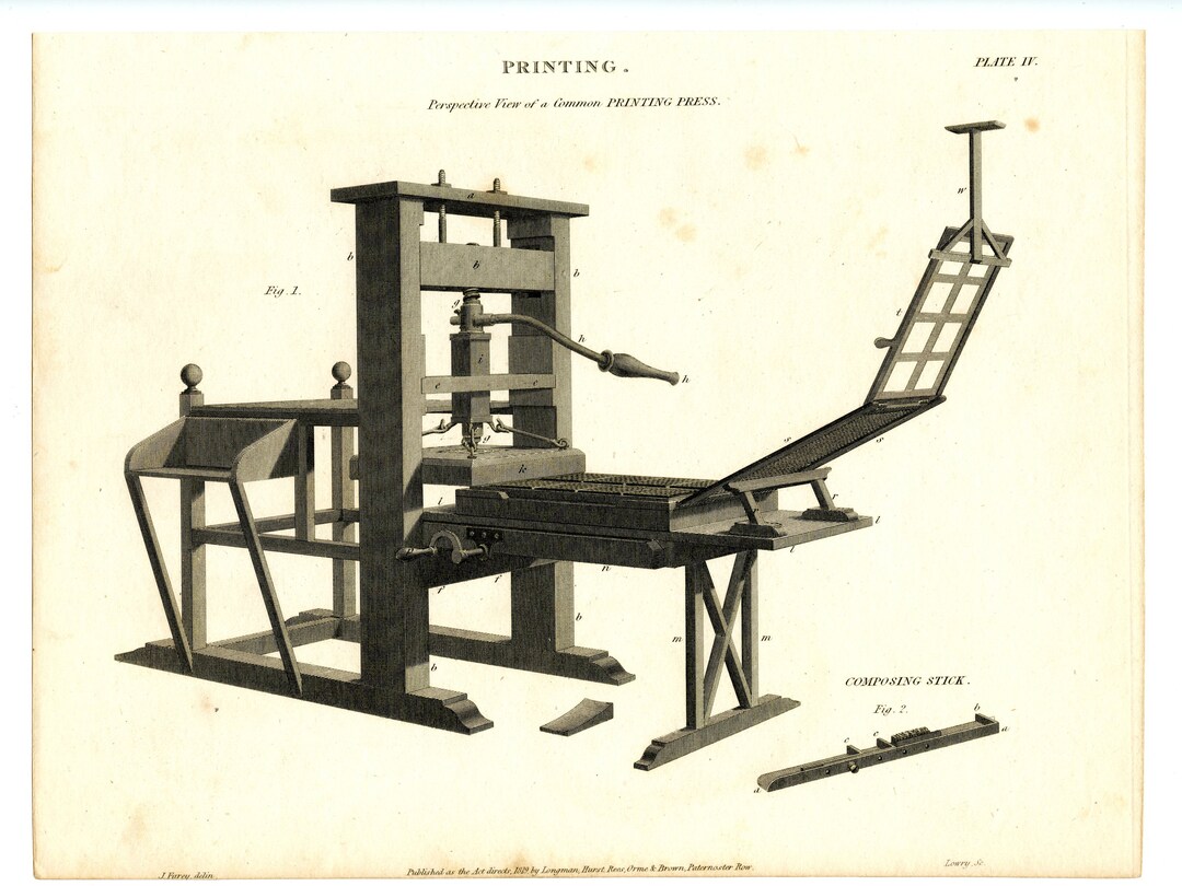Antique Engraving of Screw Type Letterpress Printing Press From Rees's ...