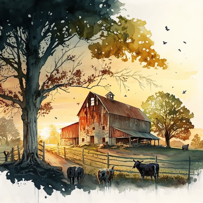 Watercolor Farm Scene Printable Art - Etsy