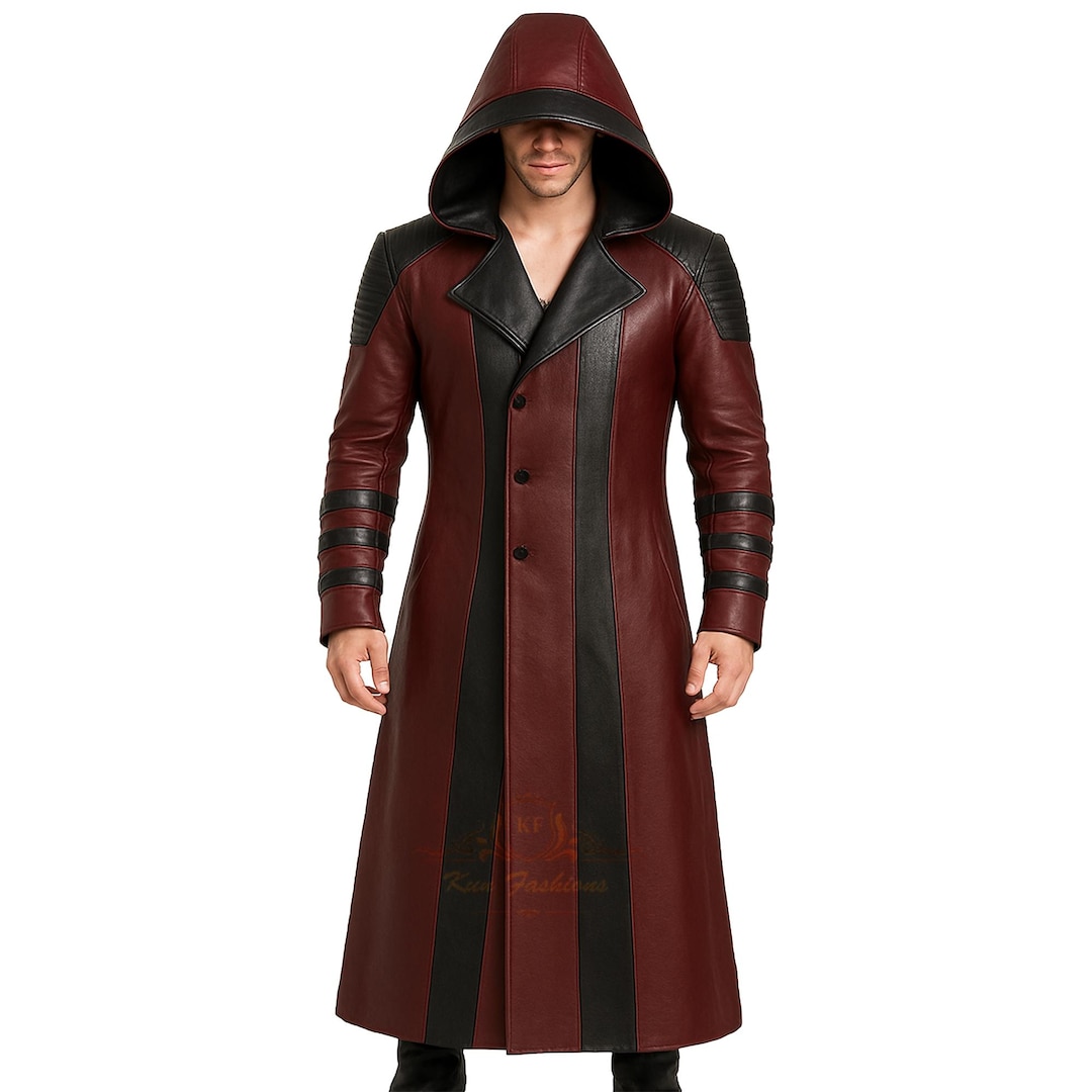 Handmade Men's Maroon and Black Leather Hooded Halloween Cosplay Coat ...