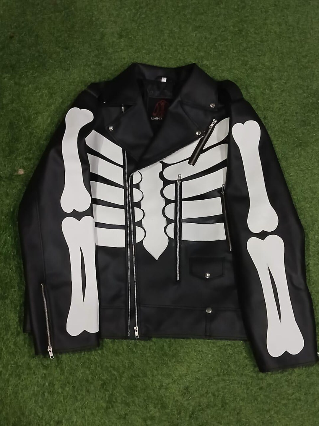 Men’s Black Faux Leather Motorcycle Jacket With Bone Print, Rock Biker ...