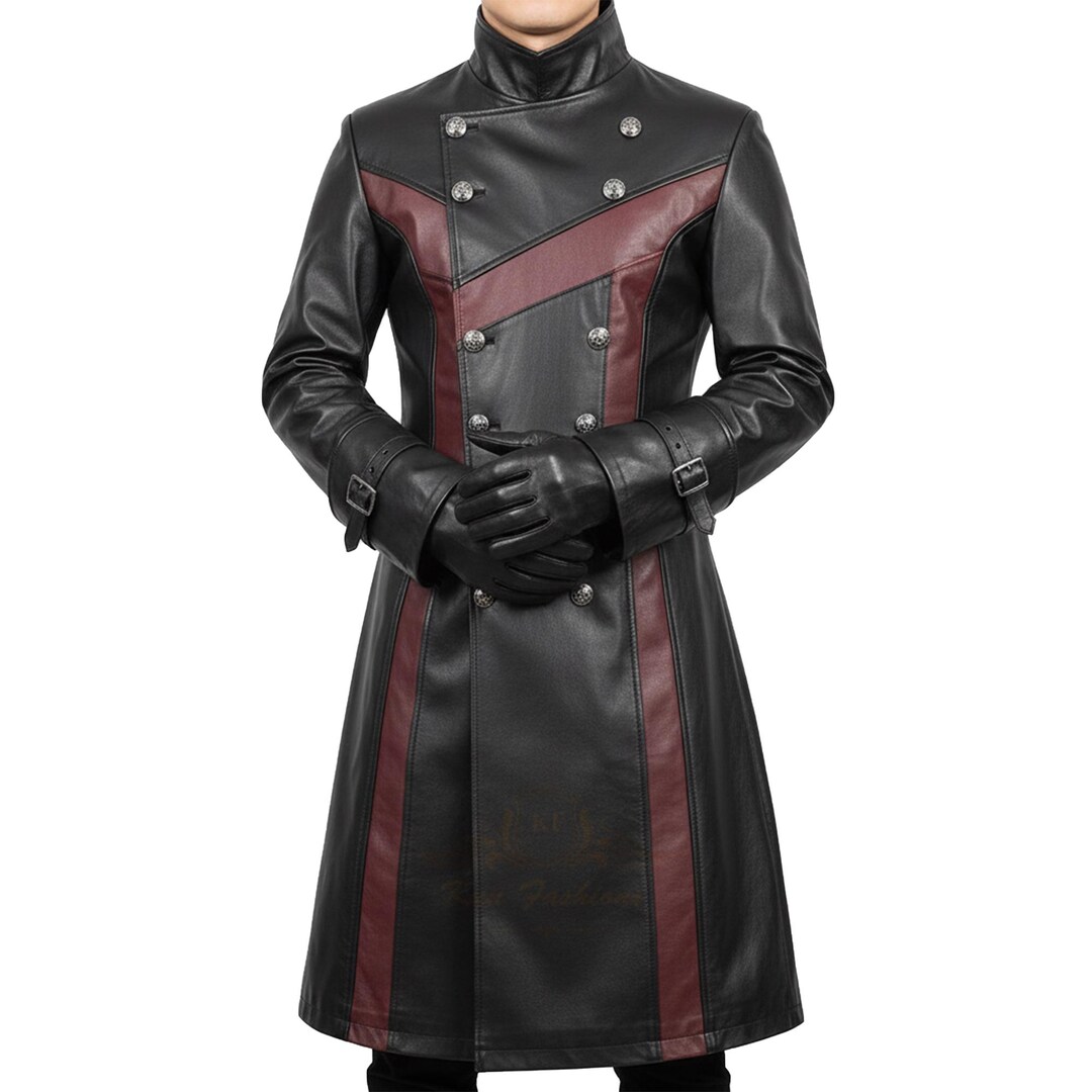 Handmade Men's Black and Maroon Leather Gothic Cosplay Trench Coat ...