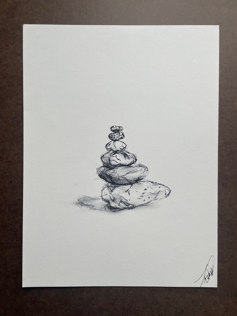 Small Cairn Rock Stack Pen and Ink Drawing, Original by Kwalters 9x12 ...