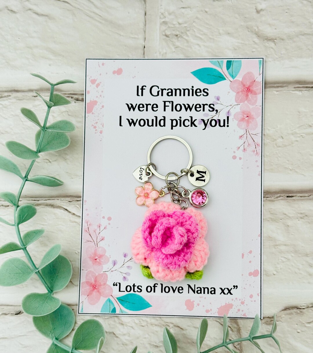 Granny Gift Crochet Flower Initial Birthstone Keyring, Personalized ...