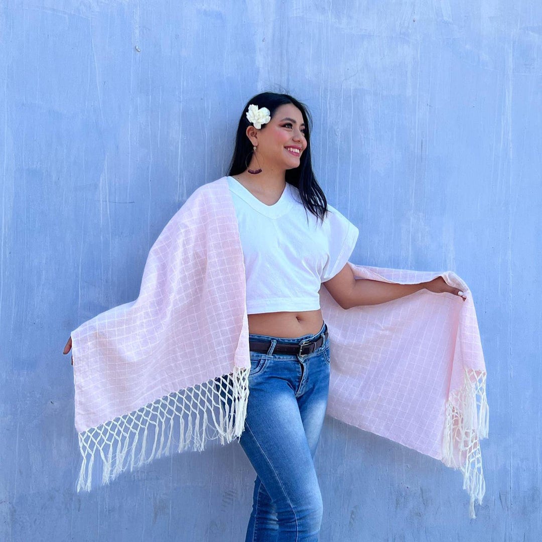 NEW Mexican Rebozo CUADRO • 100% Cotton • Handmade in Oaxaca • WHITE ...