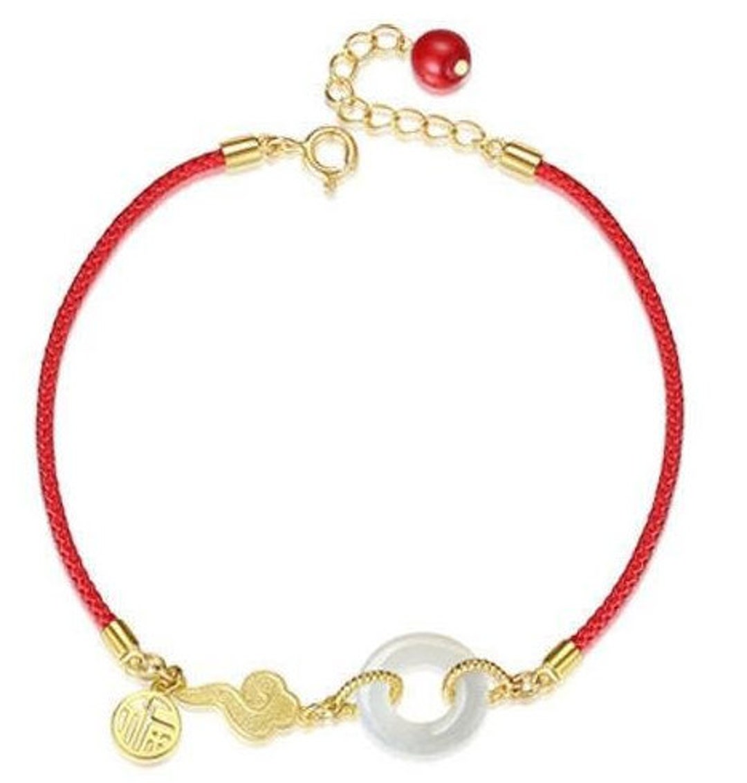 Red String Gold-plated Link Bracelet Natural White Jade Donut Cinnabar ...