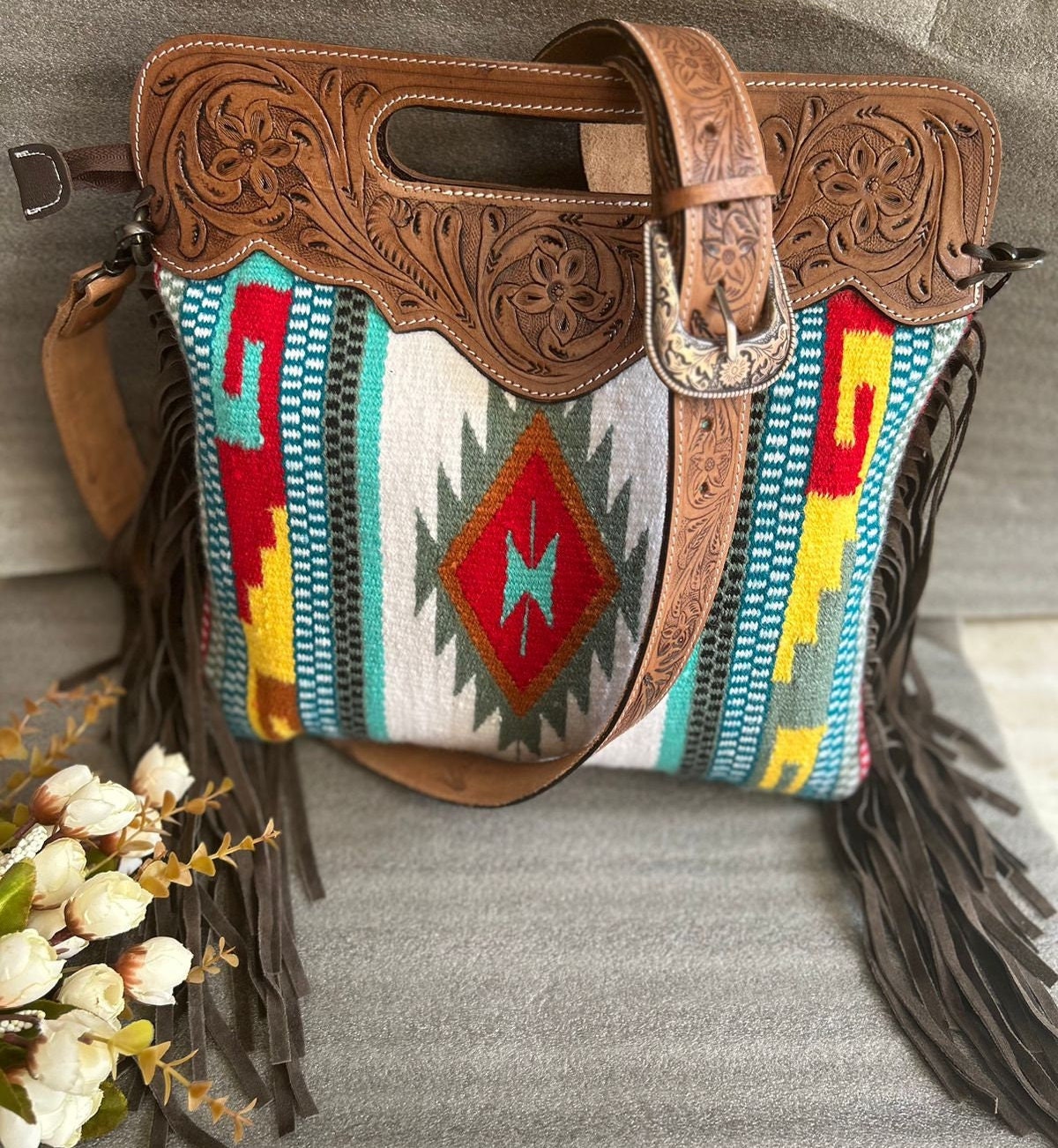 Aztec Fringe Genuine LEATHER Strap and Trim Cowboy Style saddle Blanket ...