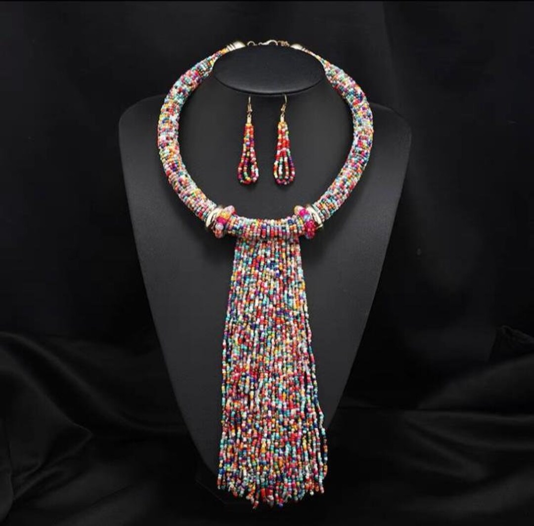 Red Multi-colored Choker Necklace WITH Falling Strand of Beads Handmade ...