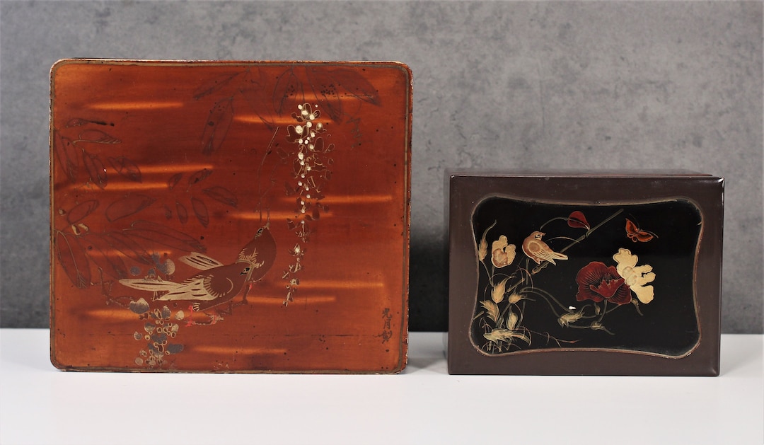 2 Vintage Japanese Lacquer Boxes With Bird Motif - Etsy