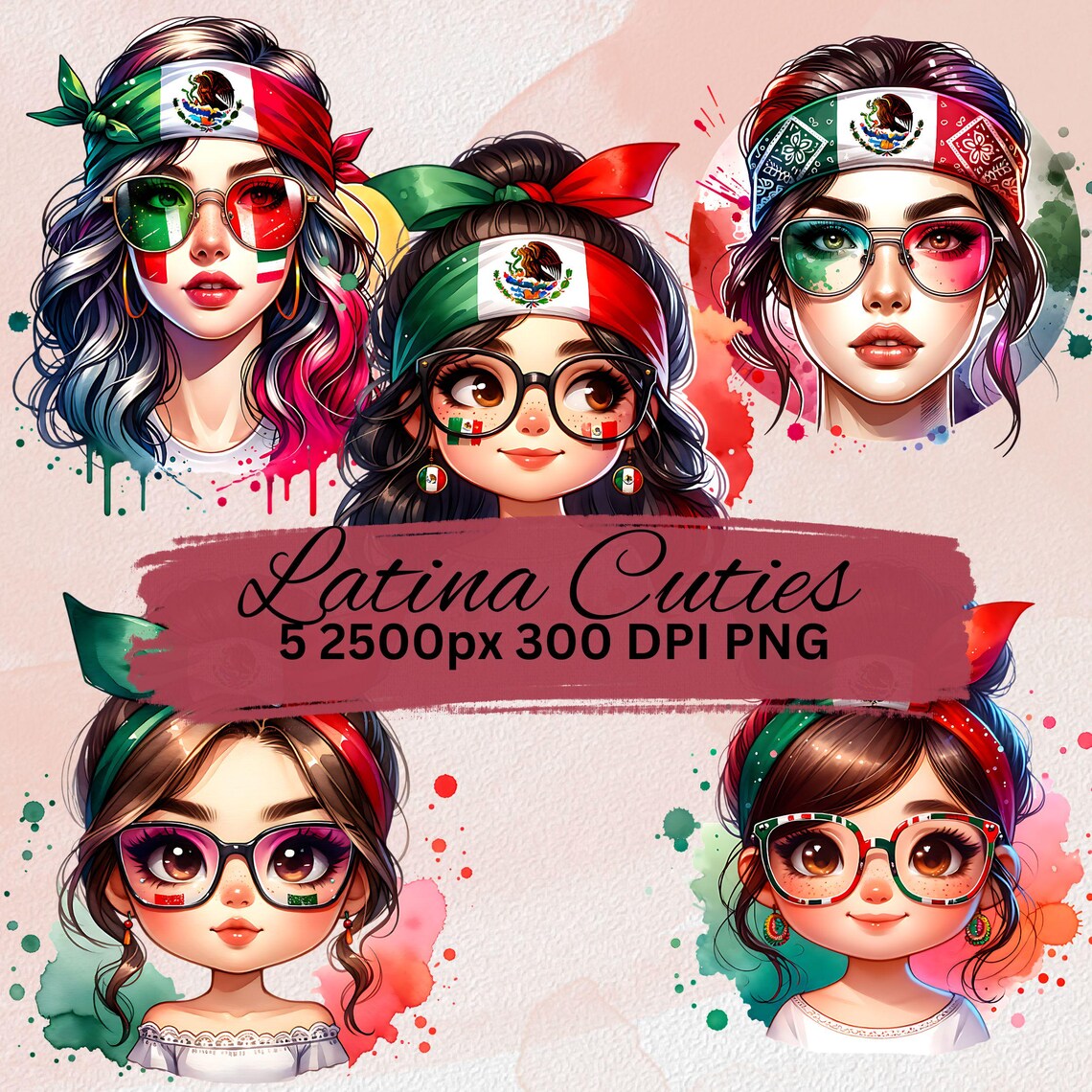 5 Cute Latina Girl Clipart Bundle - Bright Colorful Digital Stickers ...
