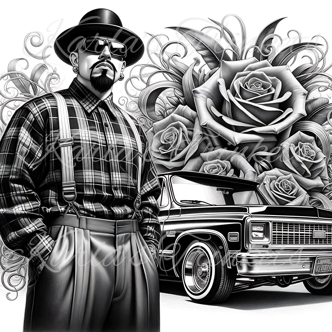 Cholo Lowrider Clipart, Black and White Mexican Art (digital Download ...