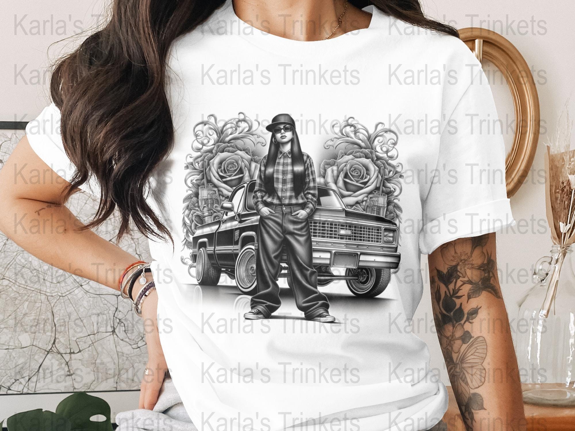 Latina Lowrider Clipart, Chicano Art, Black and White PNG (digital ...