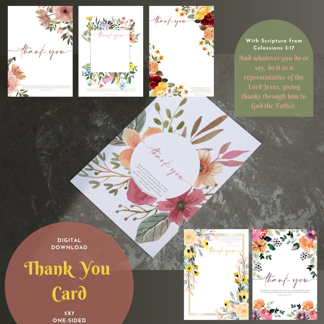 5x7 Christian Thank You Cards | Watercolor Floral Design | Digital ...