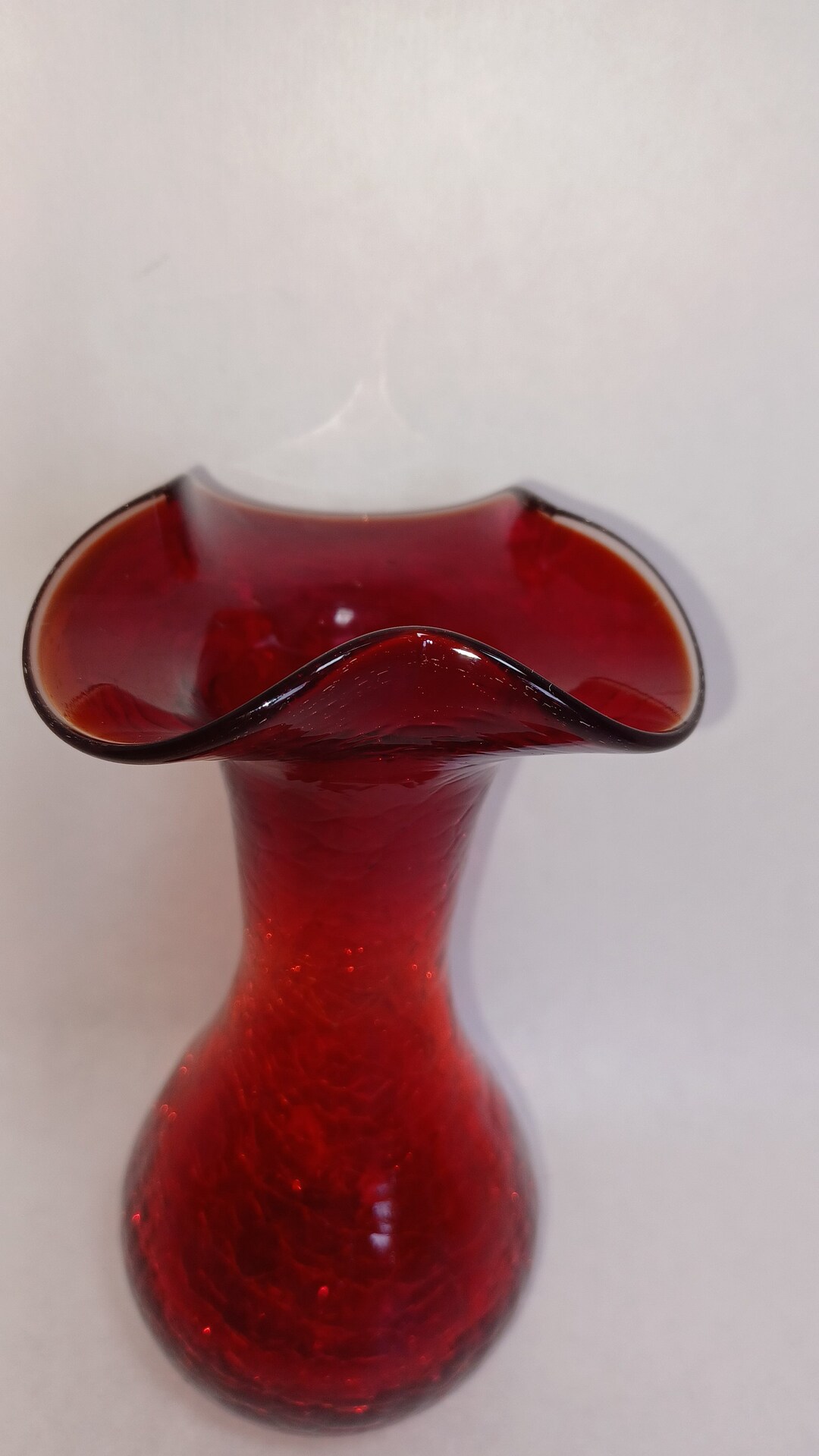 Hand Blown Ruby Crackle Glass Ruffled Vase - Etsy