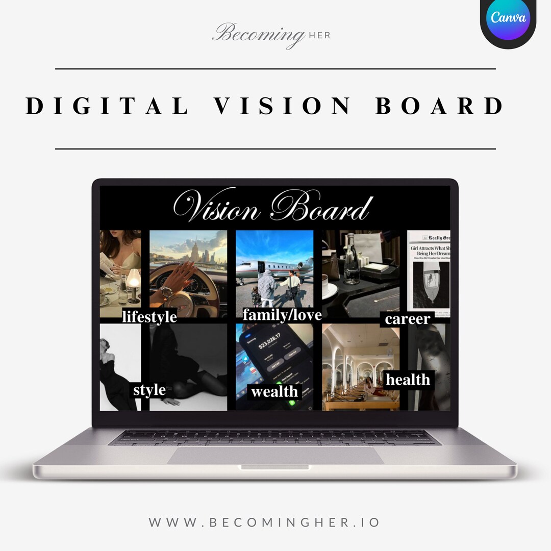 Digital Vision Board Template Canva, 2025 Vision Board, Goals Board & Calendar: Becoming Her ...