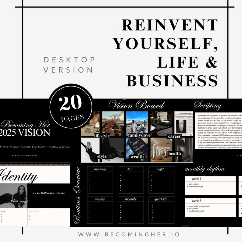 Digital Vision Board Template Canva, 2025 Vision Board, Goals Board & Calendar: Becoming Her ...