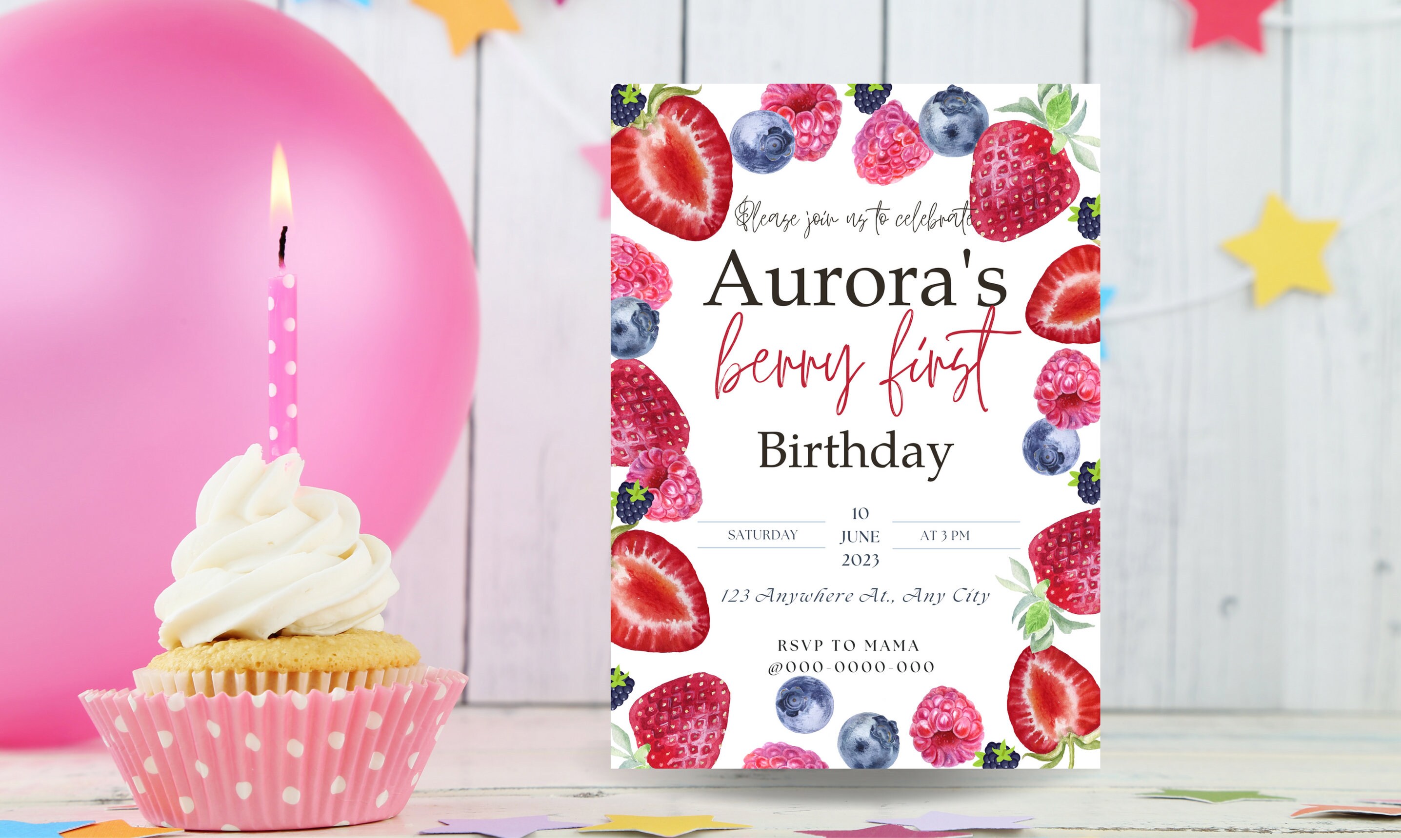 Editable Berry First Birthday Invitation Blueberry Strawberry ...
