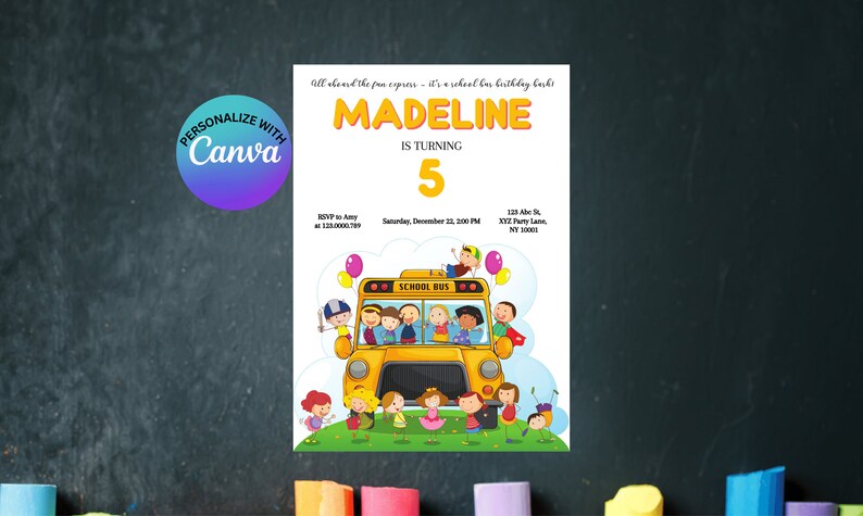 Yellow School Bus Birthday Invitation, Wheels on the Bus Party Invite ...