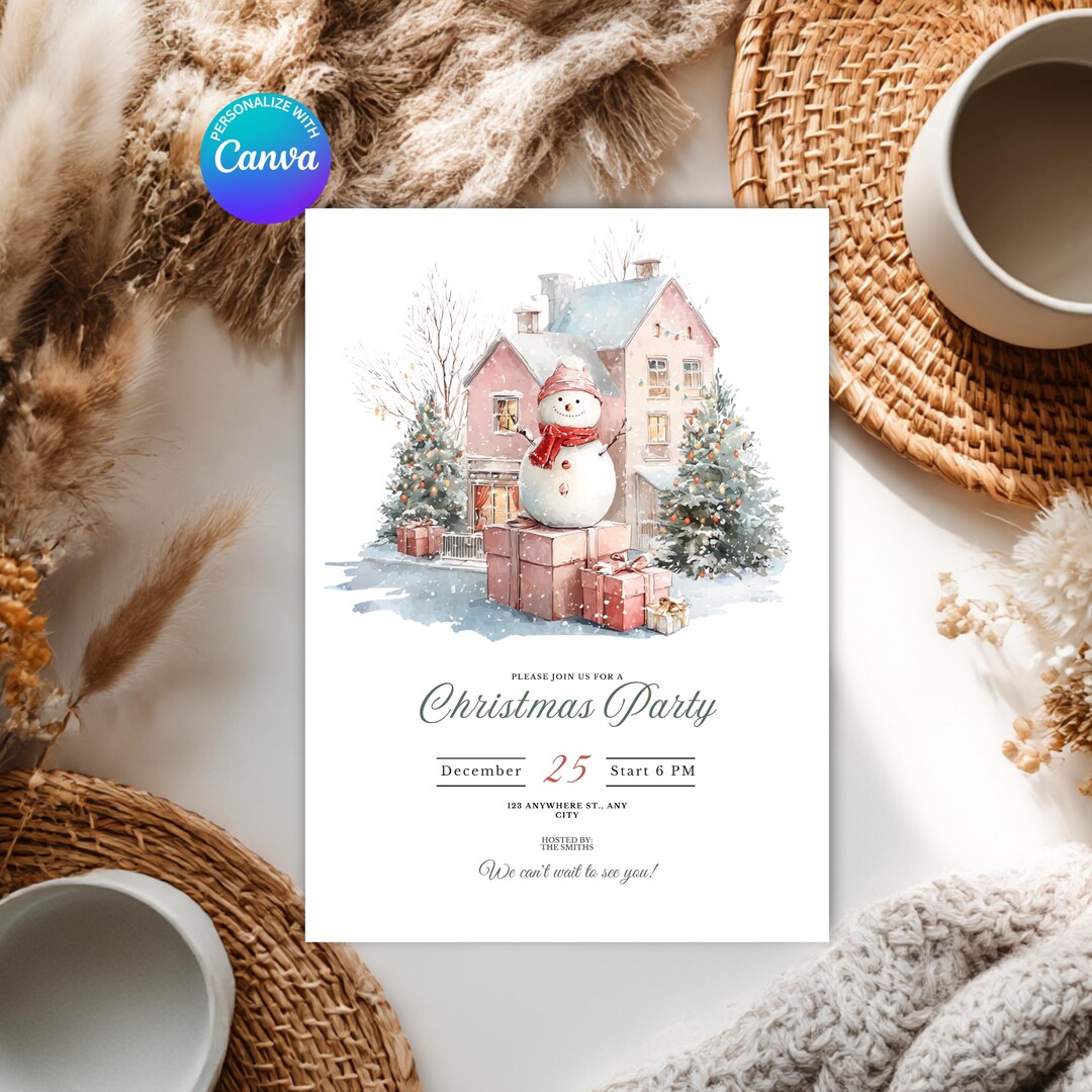 Winter Tree Snowman Christmas Party Invitation: Editable Canva Template ...
