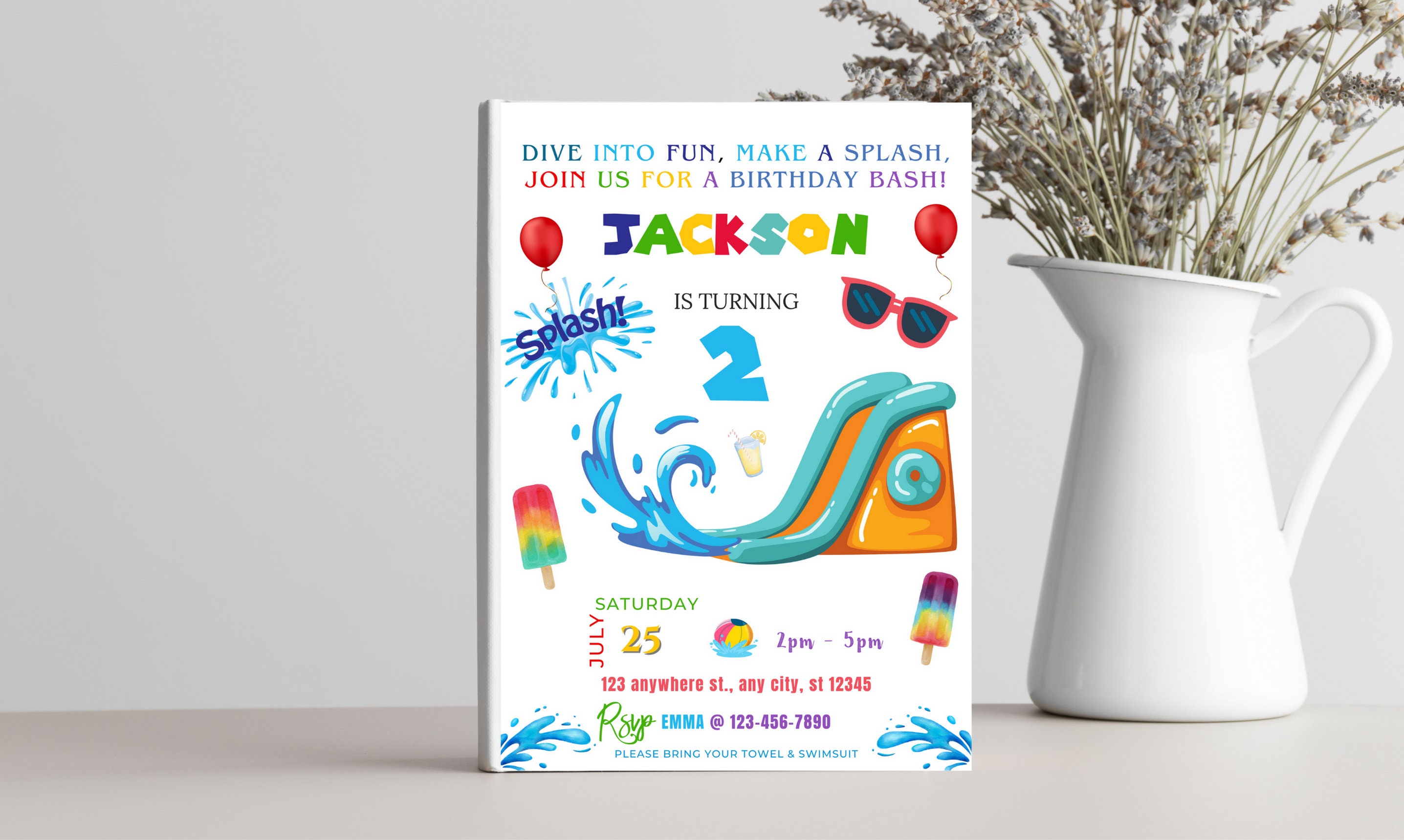 Editable Water Slide Birthday Splash Party Invitation Waterslide Bash ...
