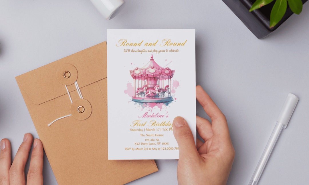 Editable Carousel Birthday Party Invitation Little Girls Pink Party ...