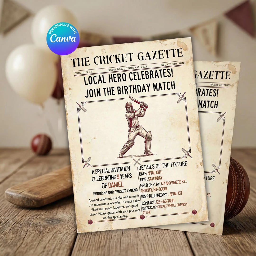 Editable Cricket Birthday Invitation: Batsman, Bat, Ball, Stumps (canva ...