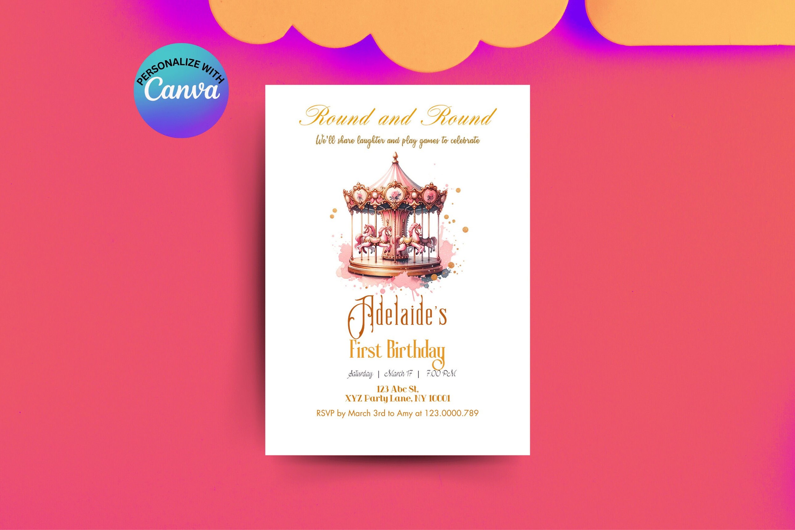 Editable Carousel Birthday Party Invitation Little Girls Pink Party ...