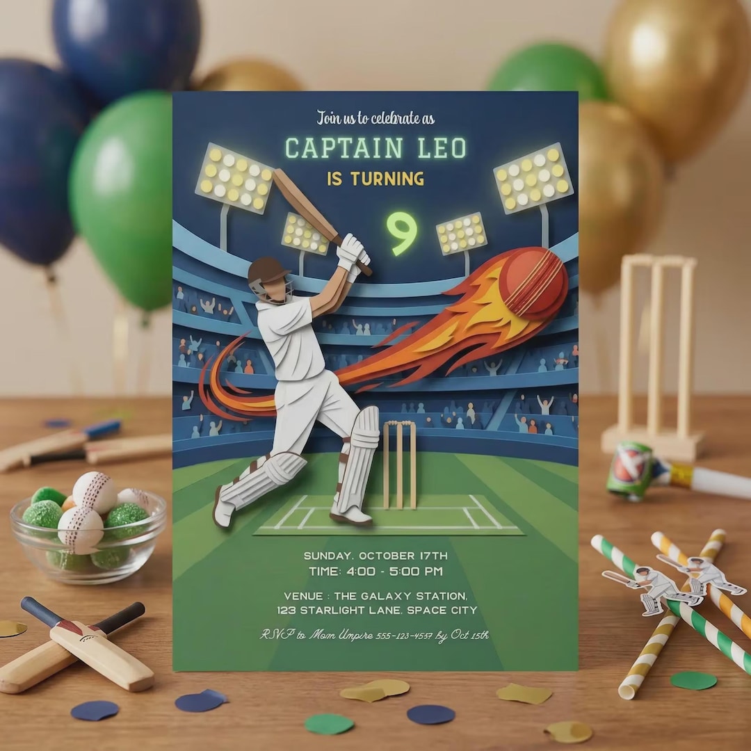Editable Cricket Birthday Invitation: Batsman, Bat, Ball, Stumps (canva ...