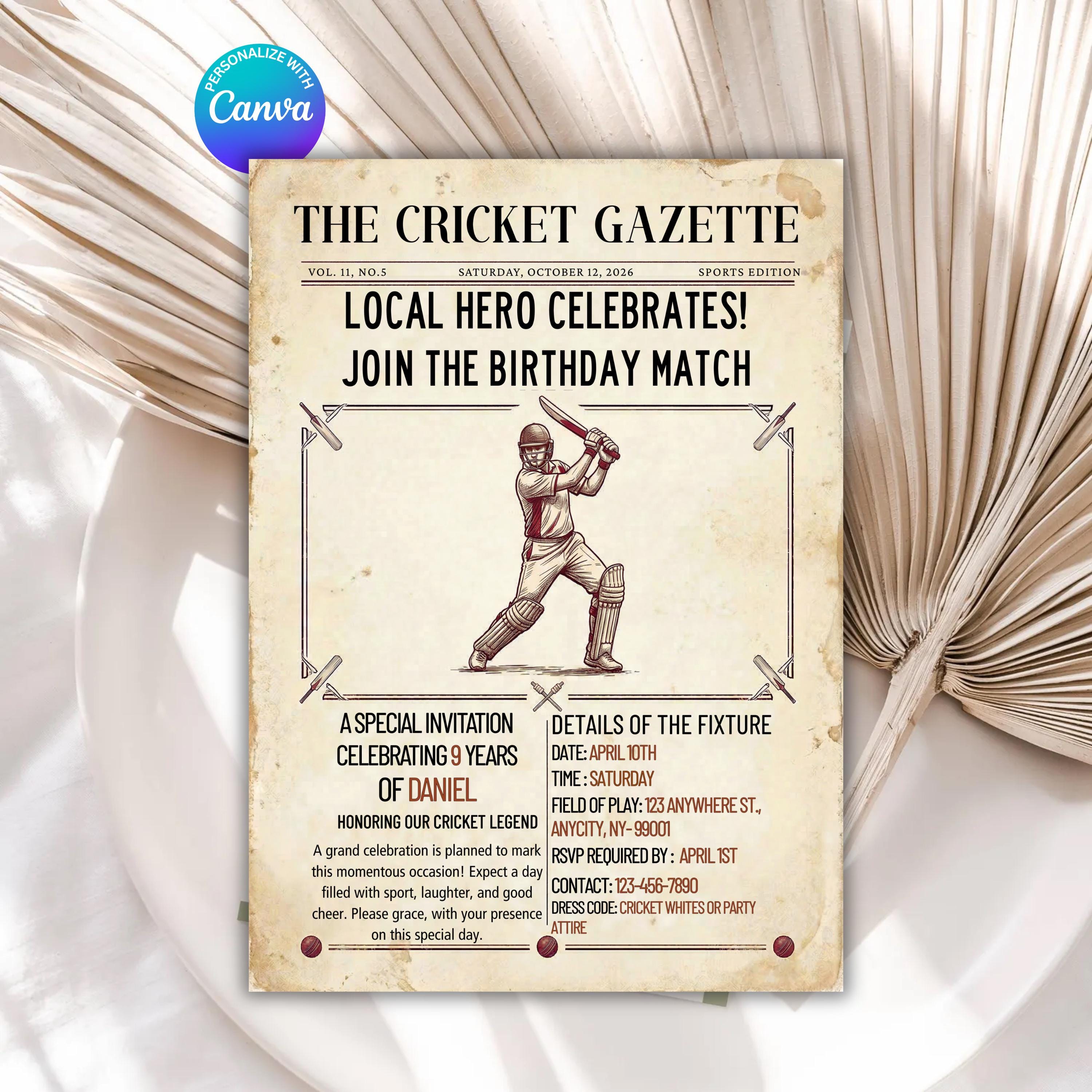 Editable Cricket Birthday Invitation: Batsman, Bat, Ball, Stumps (canva ...