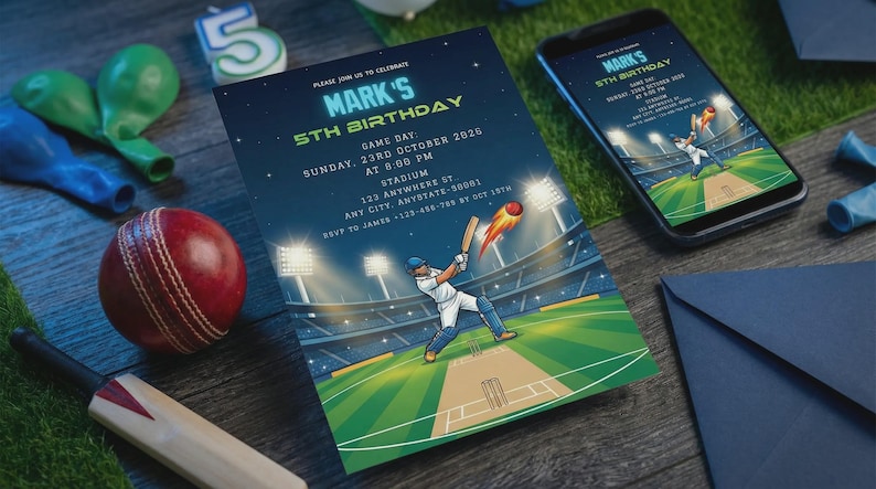 Editable Cricket Birthday Invitation: Batsman, Bat, Ball, Stumps (canva ...