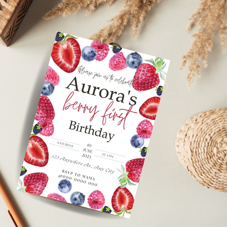 Editable Berry First Birthday Invitation Blueberry Strawberry - Etsy