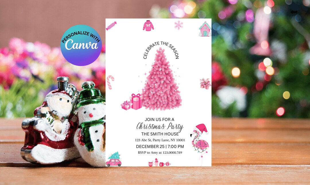 Pink Christmas Party Invitation Template, Pink Christmas Tree Invite ...