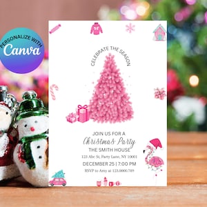 Pink Christmas Party Invitation Template, Pink Christmas Tree Invite ...