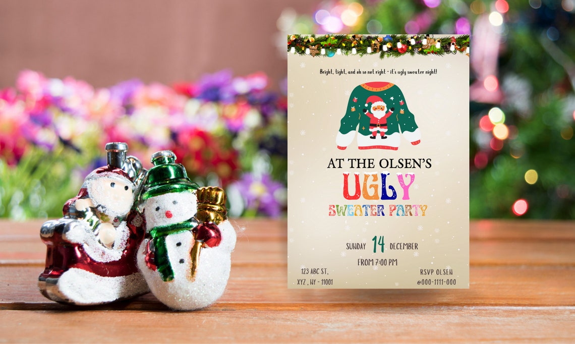 Editable Ugly Sweater Christmas Party Invitation Family Birthday Tacky ...