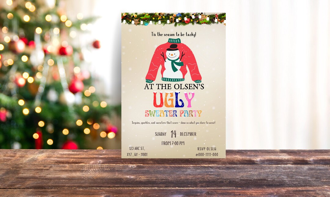 Editable Ugly Sweater Christmas Party Invitation Family Birthday Tacky ...