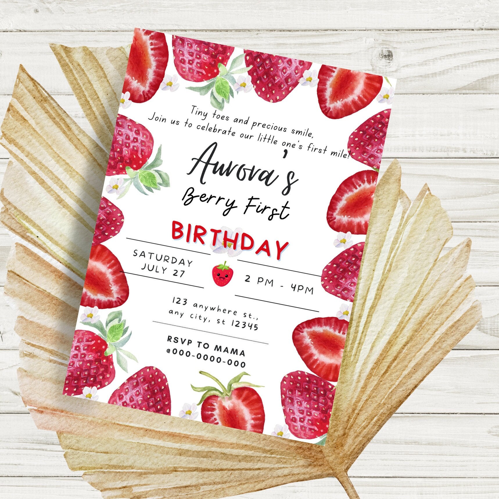 Editable Strawberry Birthday Invitation First Birthday Berry Sweet Girl