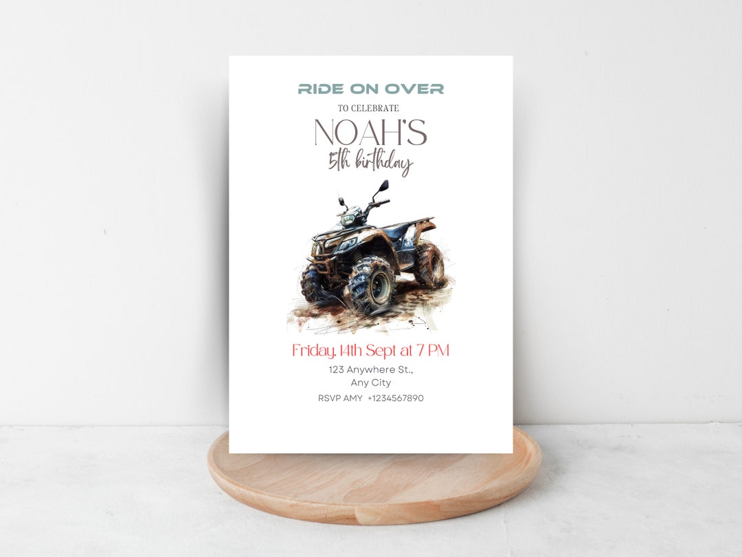 Editable Blue ATV Wheeler Bike Birthday Invitation, Ride on Over Theme ...