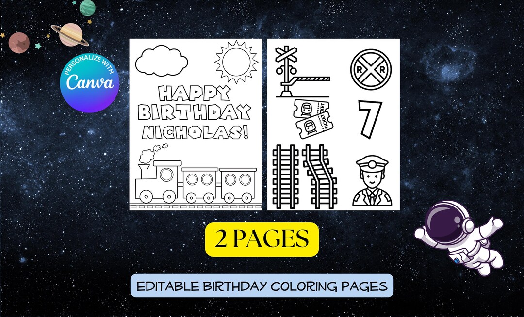 Personalized Train Theme Birthday Coloring Sheets, Editable Name and ...