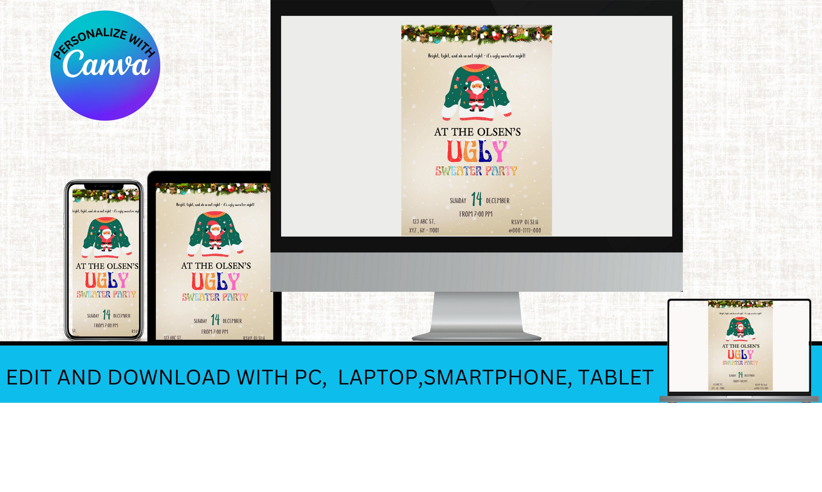 Editable Ugly Sweater Christmas Party Invitation Family Birthday Tacky ...