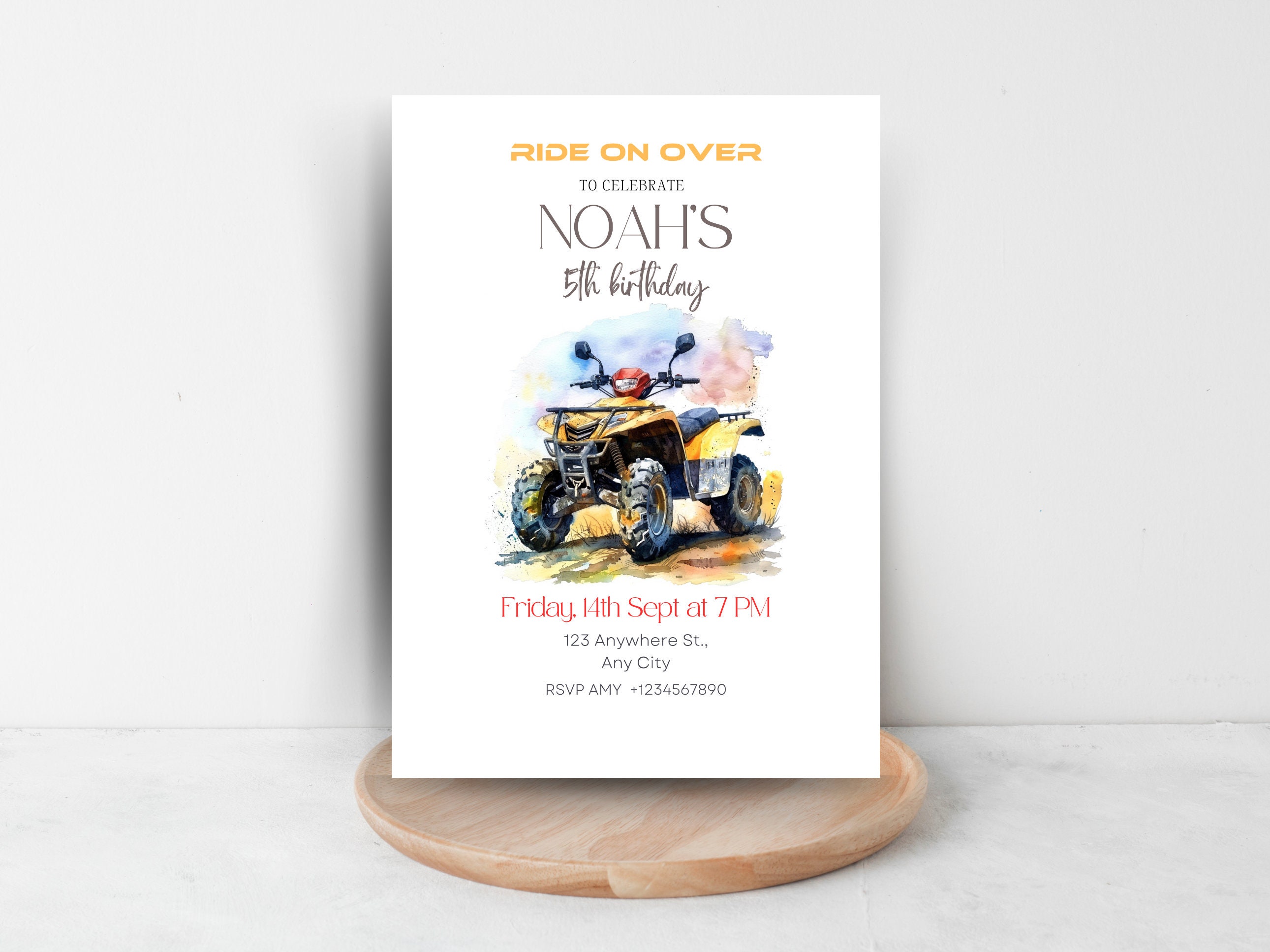 Editable Red Yellow ATV Wheeler Bike Birthday Invitation, Ride on Over ...