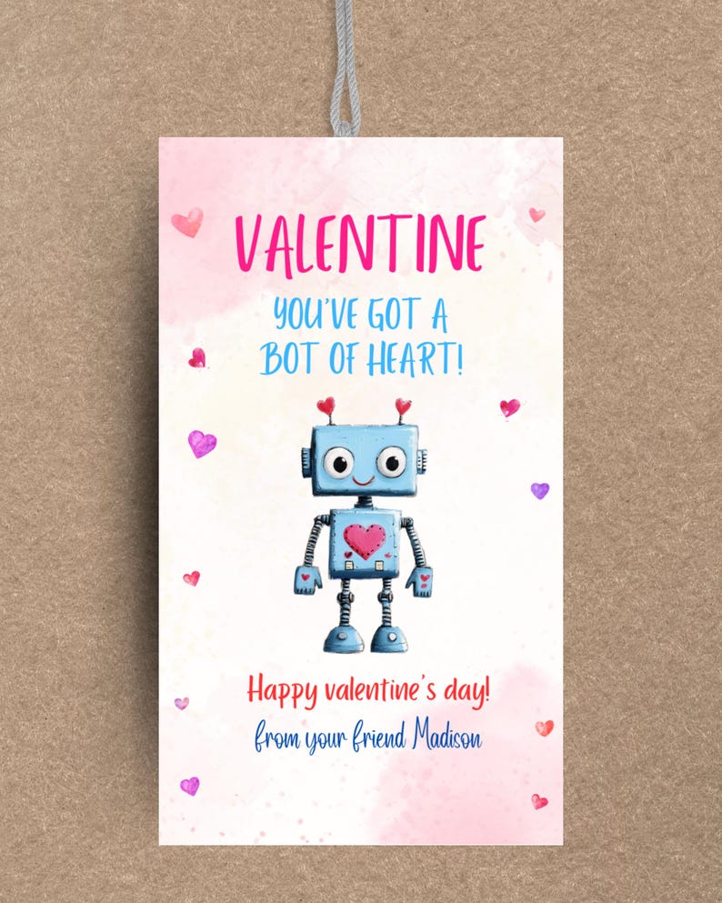 Robot Valentine's Day Card for Kids, Classroom Favor Tag (digital ...