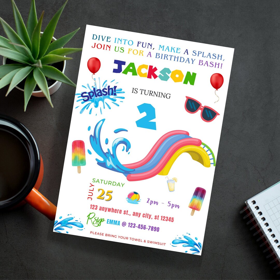 Editable Water Slide Birthday Splash Party Invitation Waterslide Bash ...