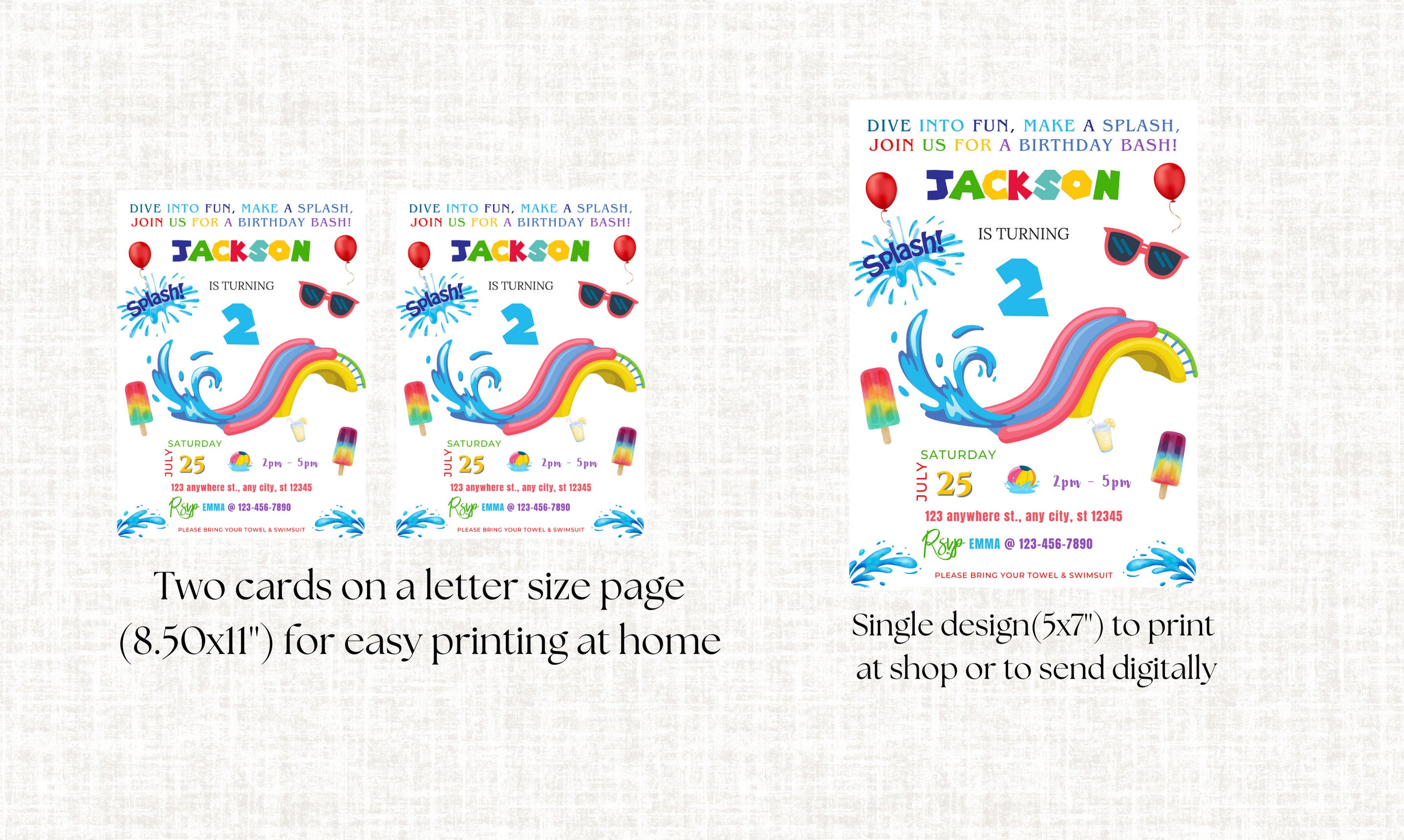 Editable Water Slide Birthday Splash Party Invitation Waterslide Bash ...