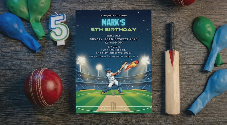 Editable Cricket Birthday Invitation: Batsman, Bat, Ball, Stumps (canva ...