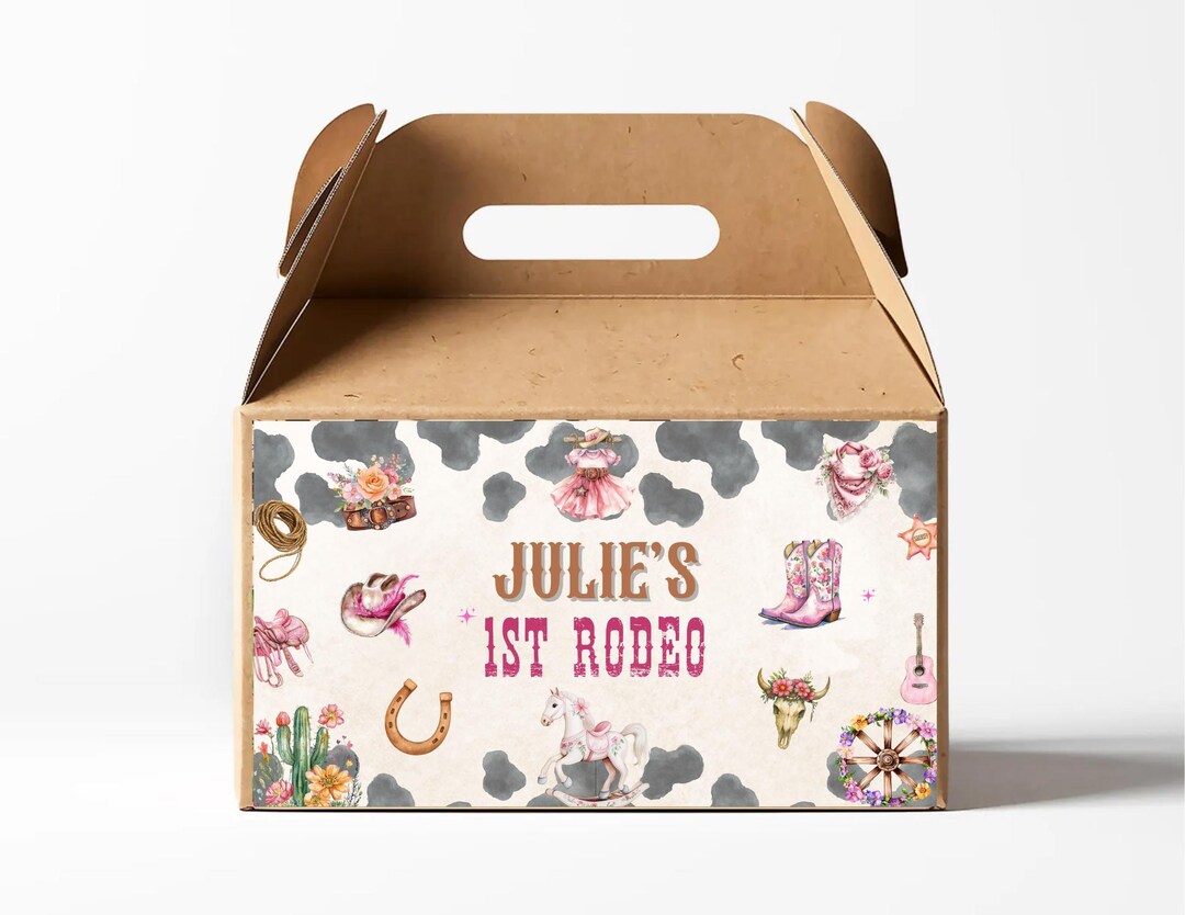 Editable First Rodeo Birthday Gable Box Favor Labels, Cowboy Gift Box ...